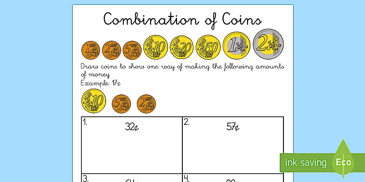 Black and White Euros Combination of Coins Worksheet