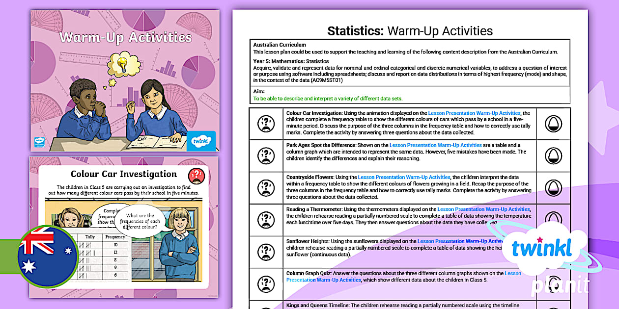 Year 5 Statistics: Warm-Up Activities Pack (teacher made)
