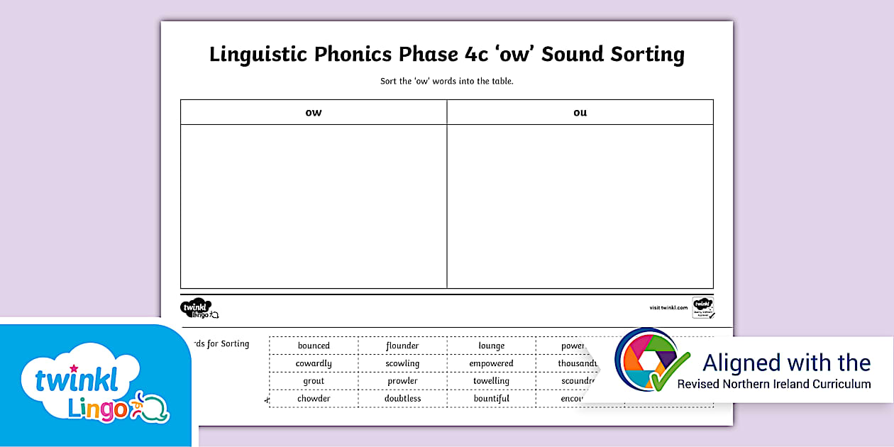 Linguistic Phonics Phase 4c 'ow' Sound Sorting Worksheet