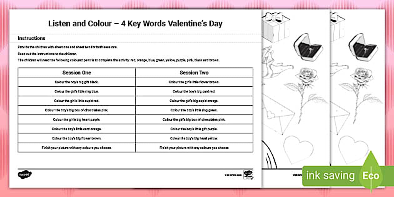 Listen and Colour 4 Key Words Valentine's Older Learners