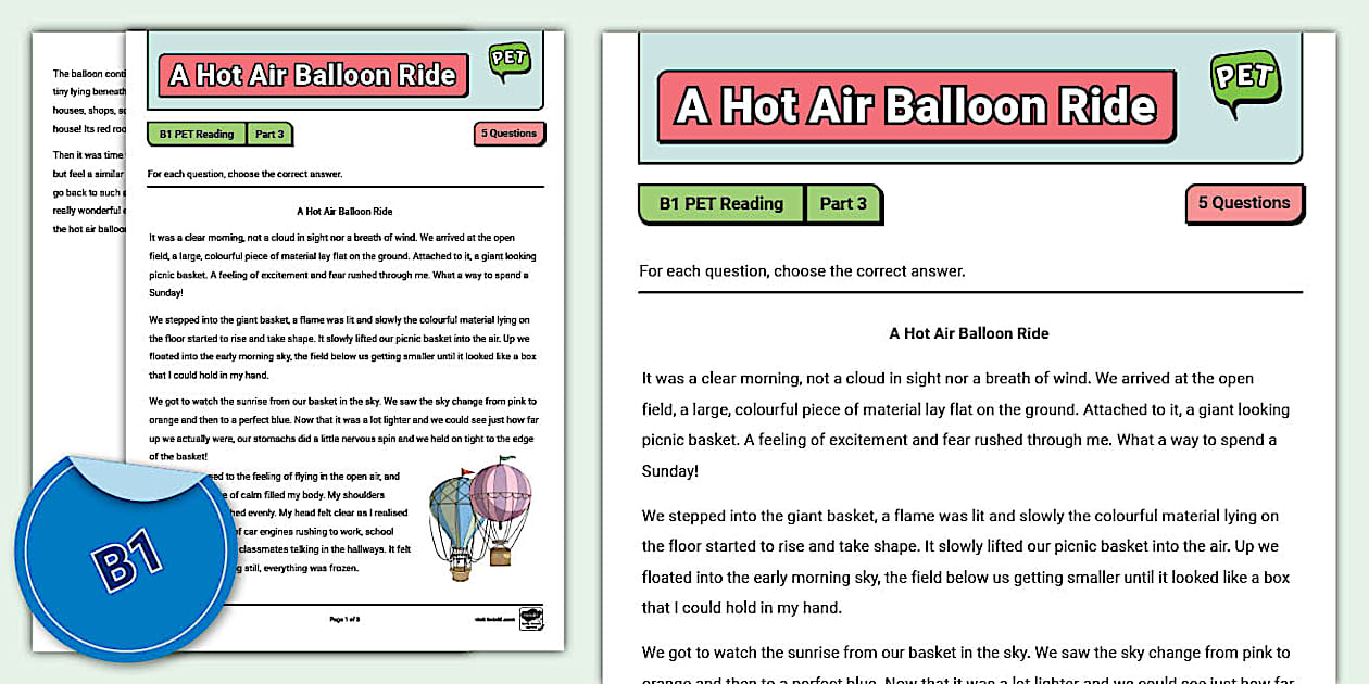 B1 PET Reading Part 3 - Hot Air Balloon Ride (teacher made)