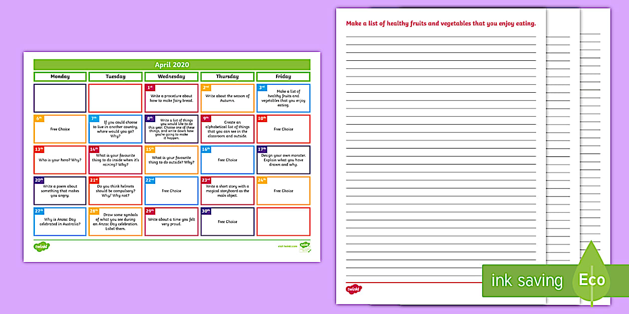 Editable April Writing Prompts Display Calendar - Twinkl
