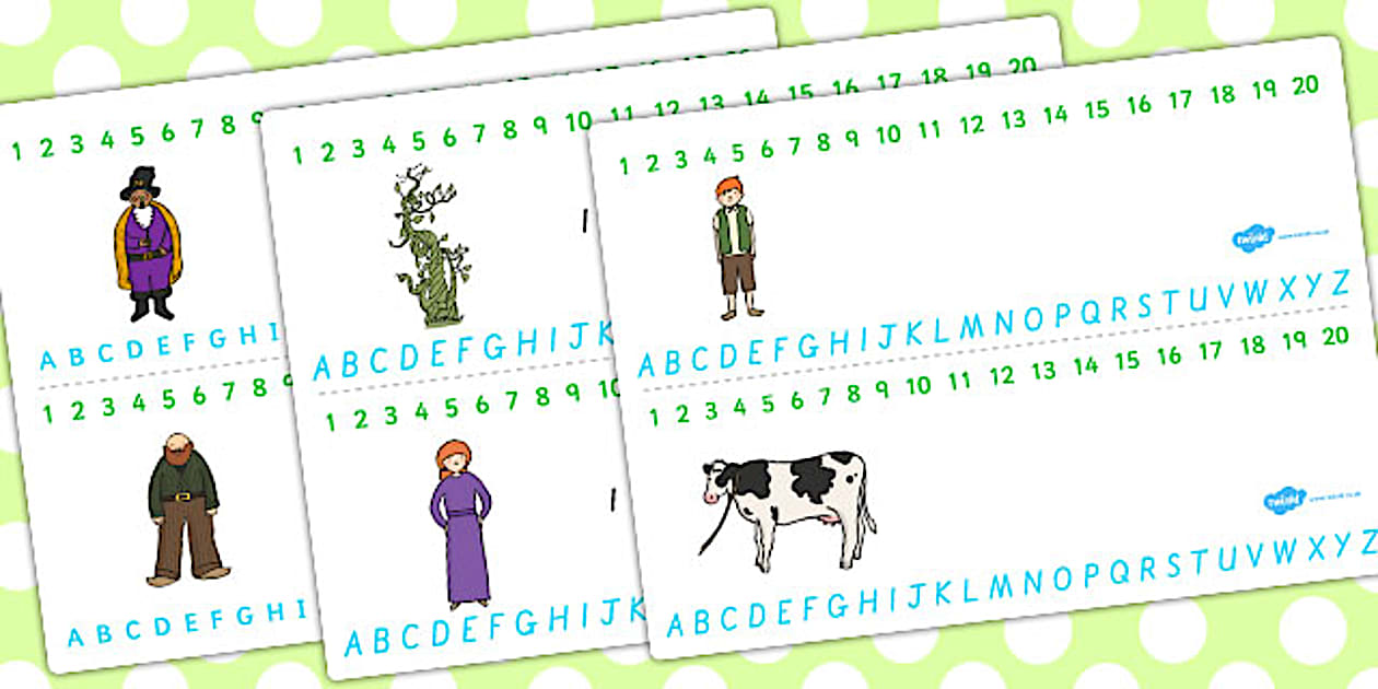 Cursive Jack and the Beanstalk Combined Number and Alphabet Strips