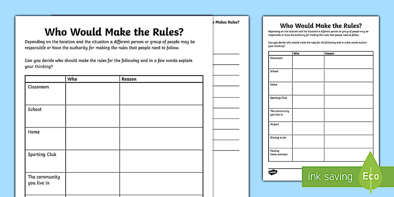 Who Would Make the Rules? Worksheet (teacher made) - Twinkl