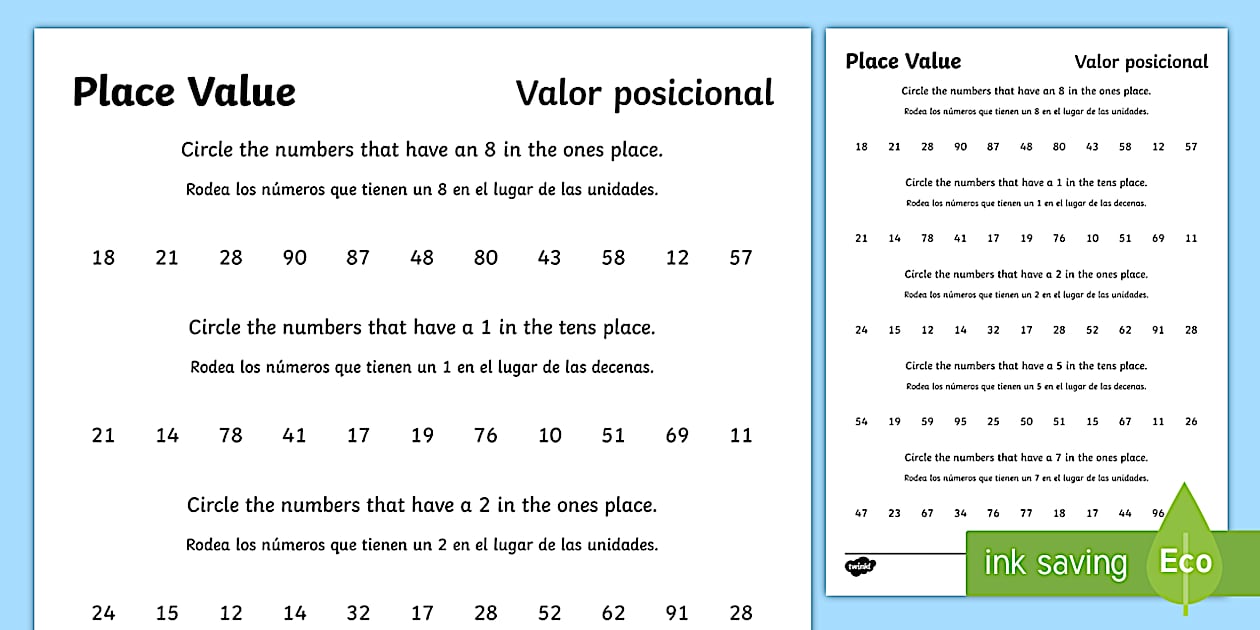 Place Value Worksheet / Worksheet English/Spanish - Twinkl