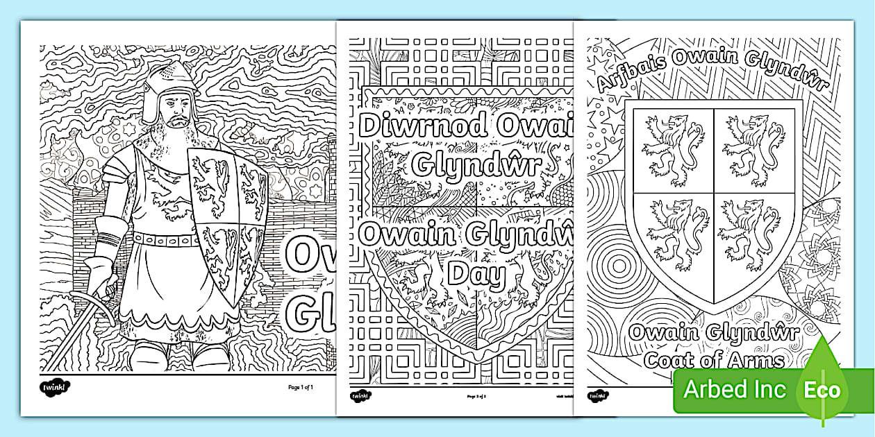 Owain Glyndŵr Colouring Sheets Welsh/English - Twinkl