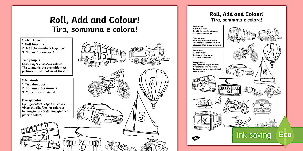 Transport Roll and Colour Worksheet English/Italian - Transport Roll And