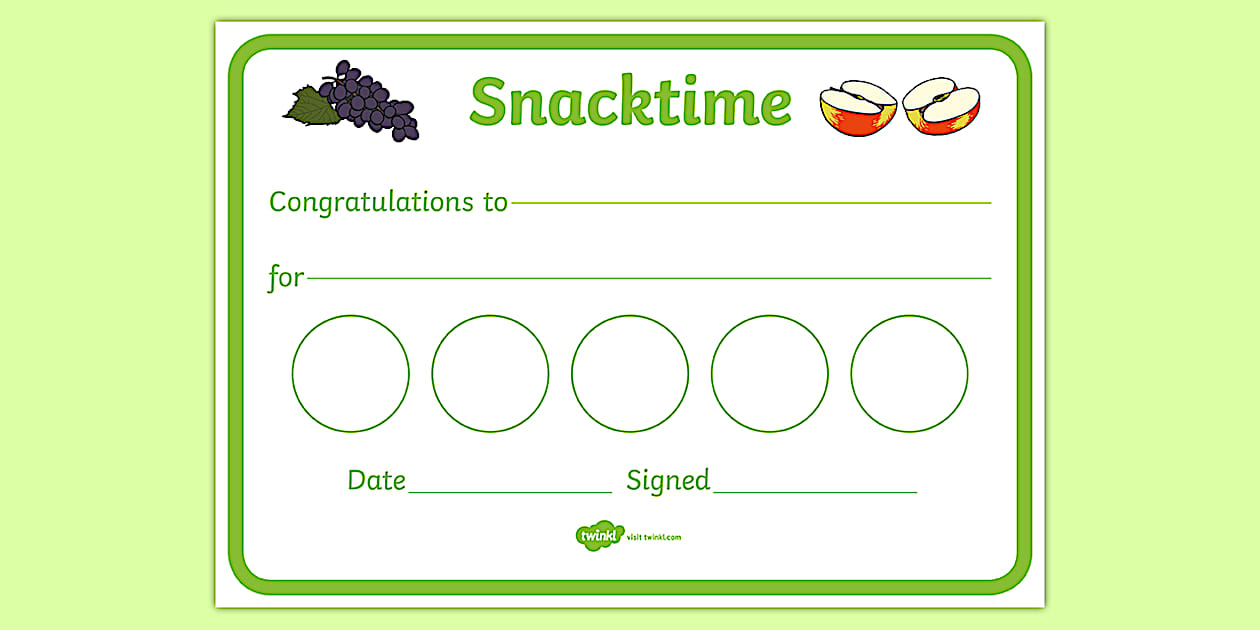 Snacktime Themed Sticker Reward Certificate - Lunchtime Themed Sticker ...