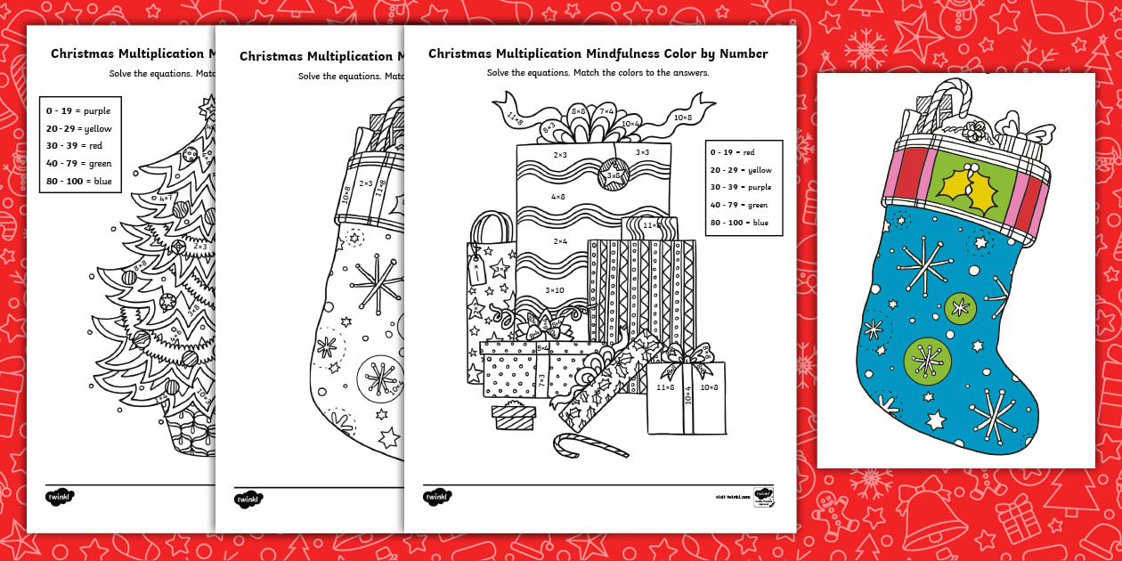 Christmas Multiplication Mindfulness Color by Number to 12x