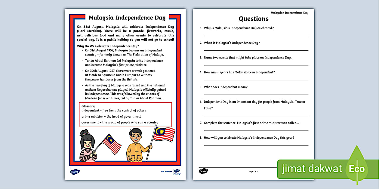 Malaysia Independence Day Comprehension Activity sheet