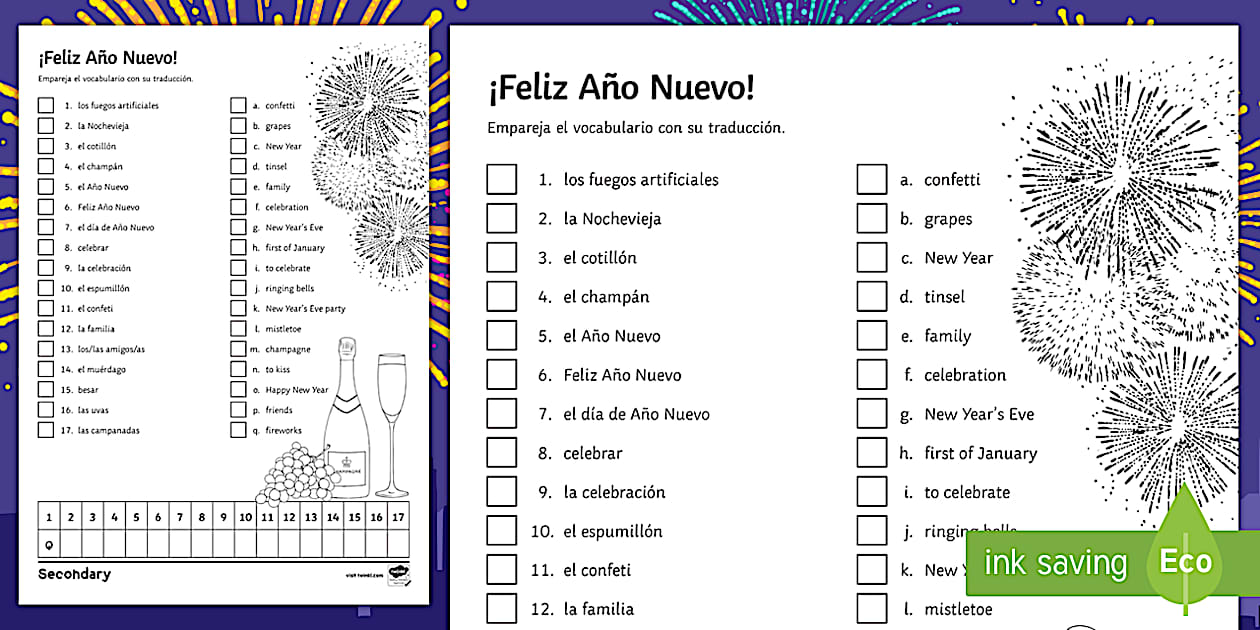 New Year's Eve Matching Worksheet / Worksheet Spanish
