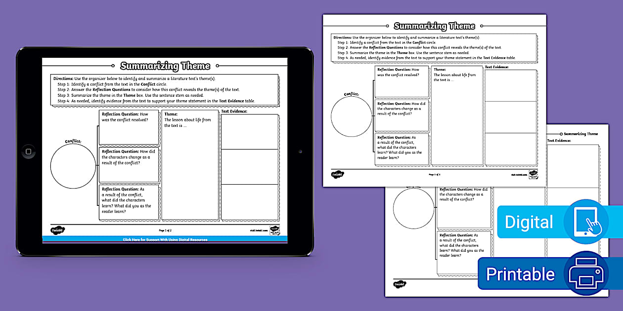 Summarizing Theme Graphic Organizer for 6th-8th Grade