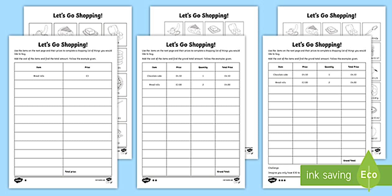 Shopping List Differentiated Worksheets - Twinkl