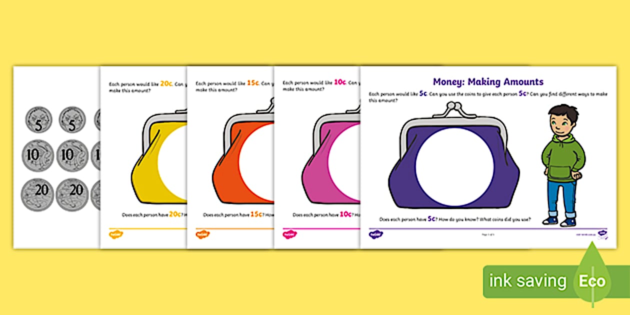 Money: Making Amounts to 50c Worksheets - Twinkl