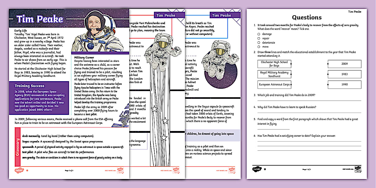 UKS2 Tim Peake Differentiated Reading Comprehension Activity