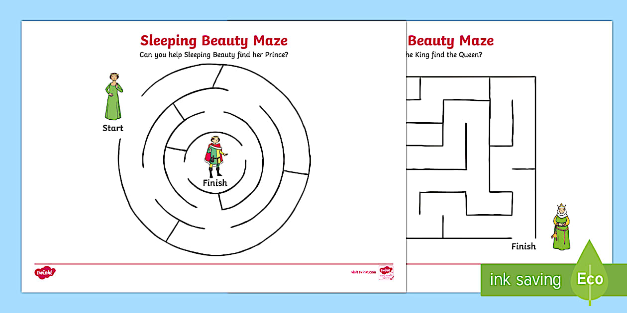 Black and White Sleeping Beauty Differentiated Maze Worksheet Pack