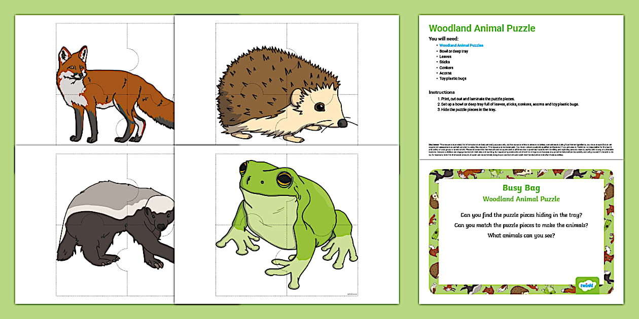 Woodland Animal Puzzle Busy Bag Prompt Card and Resource Pack