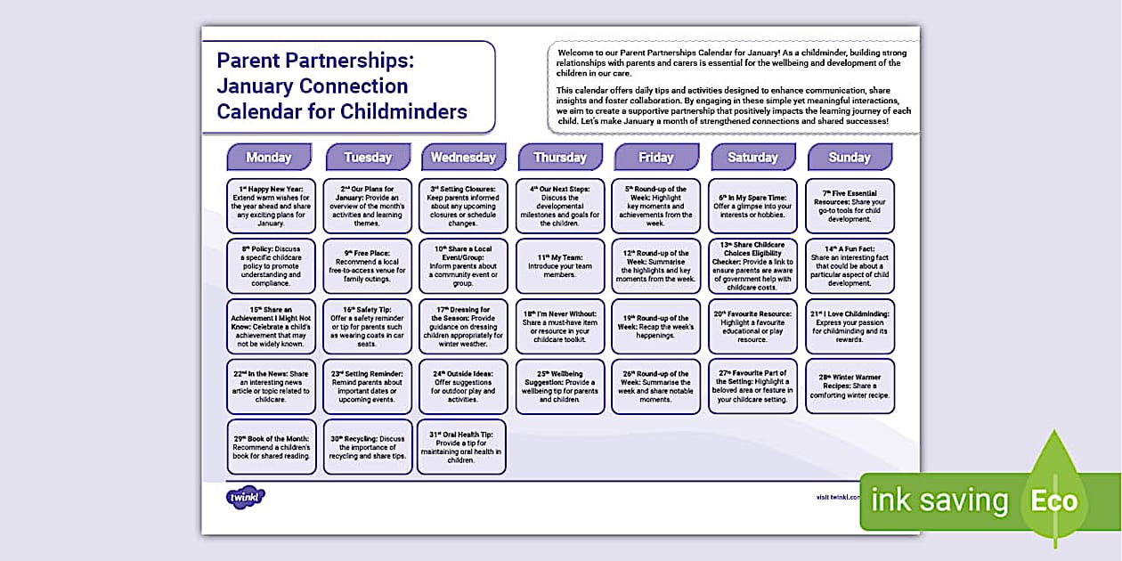 Parent Partnerships: January Calendar for Childminders