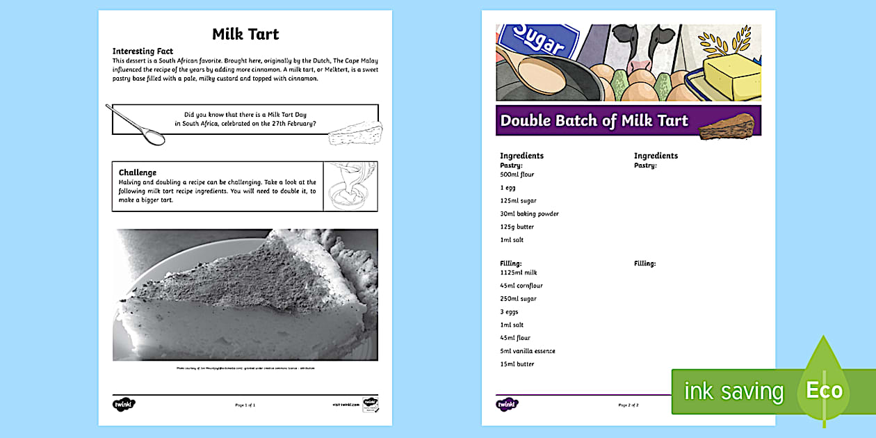 Milk Tart Recipe Worksheet (teacher made) - Twinkl