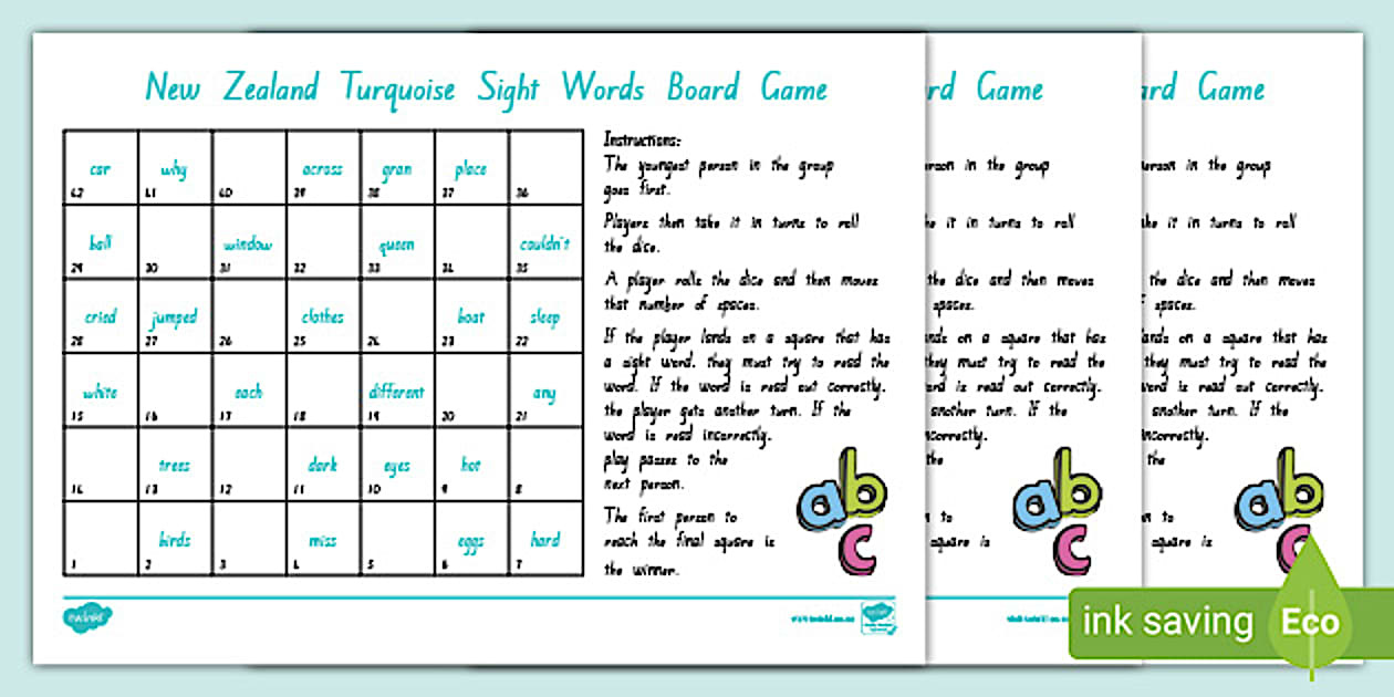 Turquoise Reading Sight Words Board Game - Twinkl