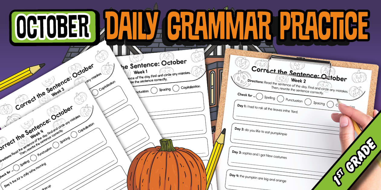 October Daily Correct the Sentence Grammar Practice - Twinkl