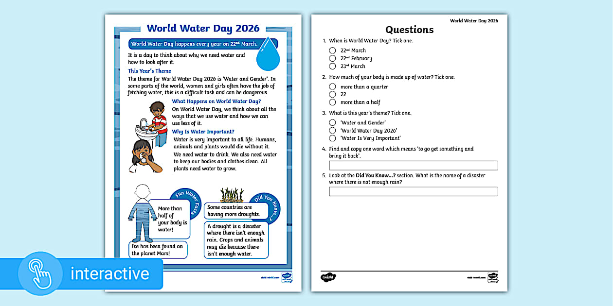 KS1 World Water Day Differentiated Reading Comprehension Activity