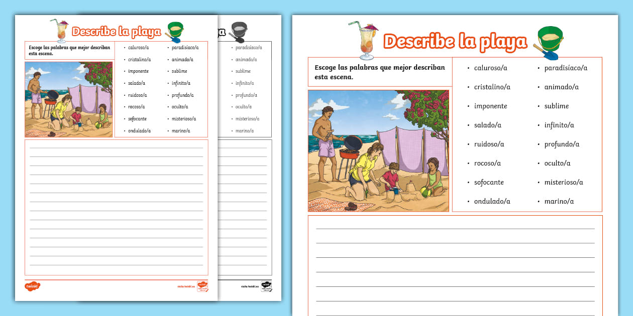 Ficha de actividad: Describe la escena en la playa - Twinkl