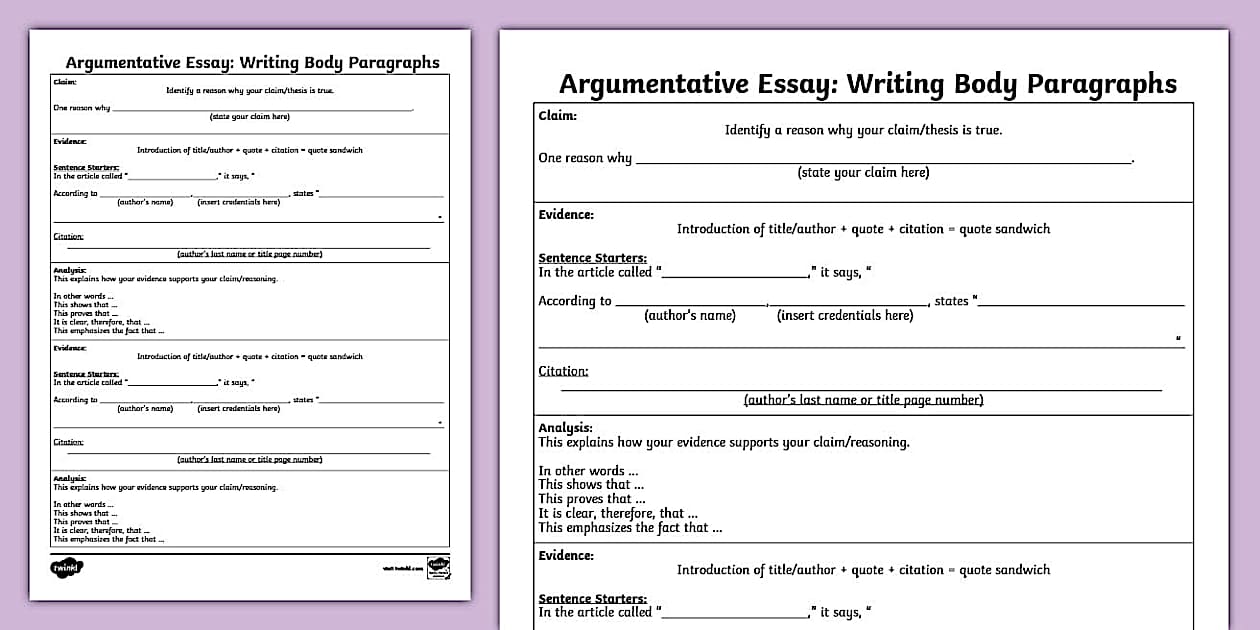 Argumentative Essay Body Paragraph Graphic Organizer for 6-8