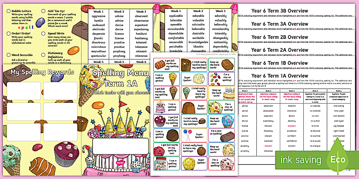 Editable Year 6 Sweet Treats Themed Spelling Menu Pack