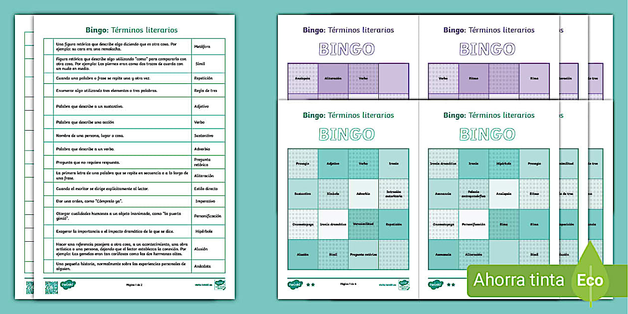 Bingo: Términos literarios (Hecho por educadores) - Twinkl