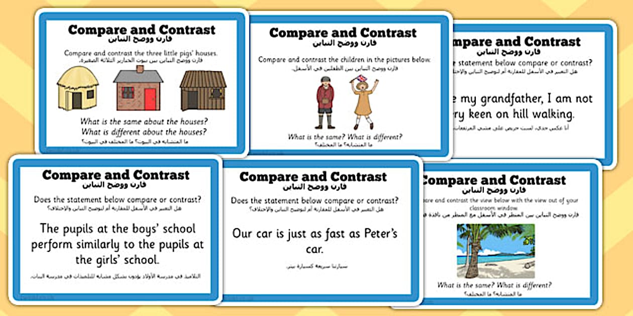 Guided Reading Skills Task Cards Compare and Contrast Arabic Translation