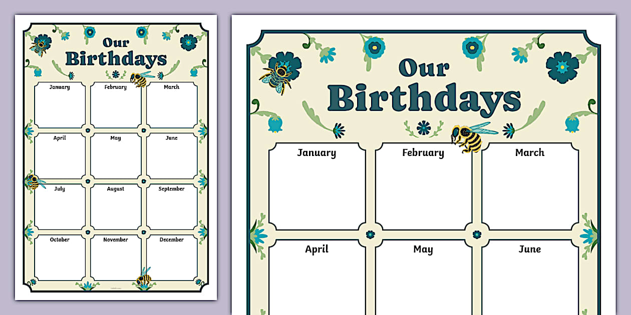 Bee-Themed Classroom Birthday Chart Display Poster - Twinkl