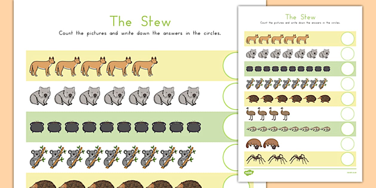 Black and White Counting Sheet to supporting teaching on Wombat Stew