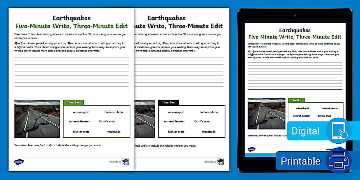 Earthquakes Five-Minute Write and Three-Minute Edit Worksheet