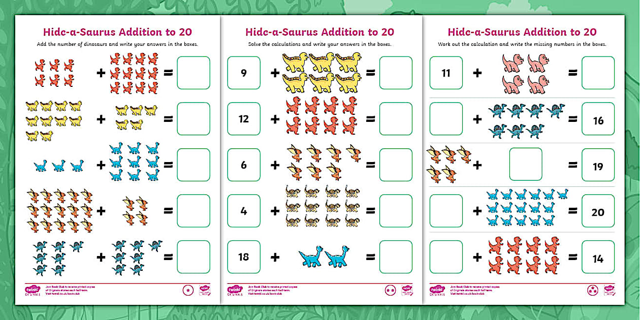 Editable Hide-a-Saurus Addition to 20 Worksheet - Twinkl