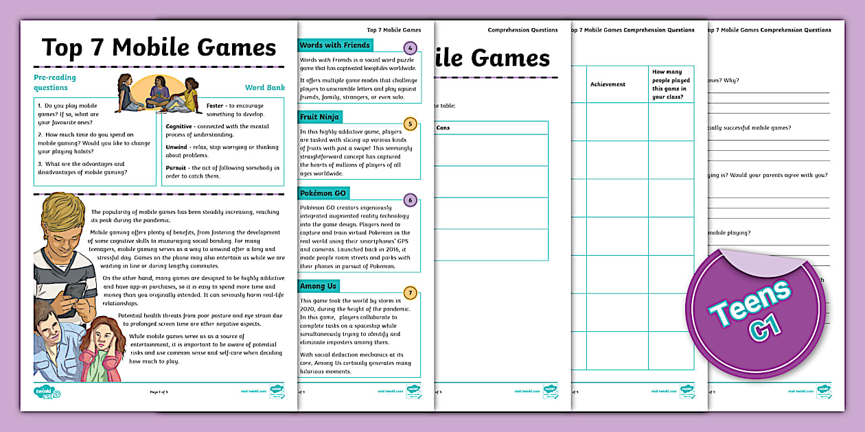ESL Top 7 Mobile Games Reading Comprehension [C1, teens]