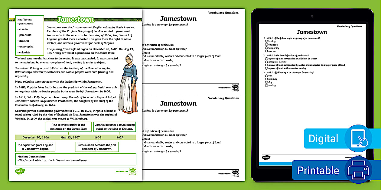 Fourth Grade Jamestown Fact File and Vocabulary Questions