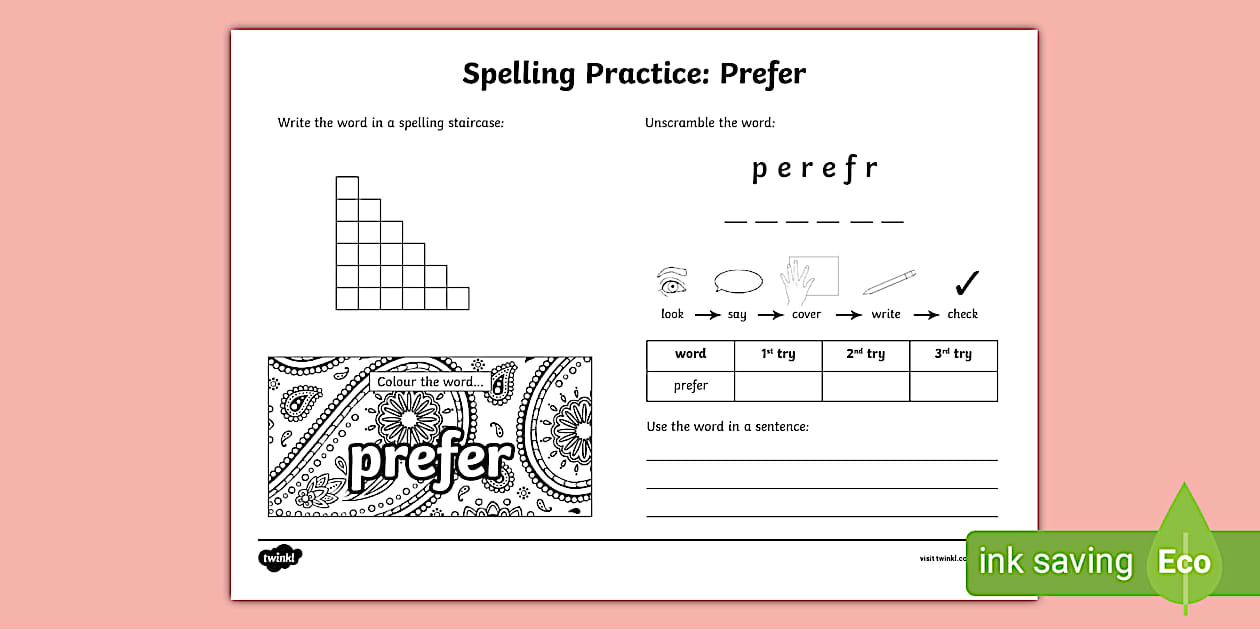 Prefer Spelling Practice Worksheet (teacher made) - Twinkl