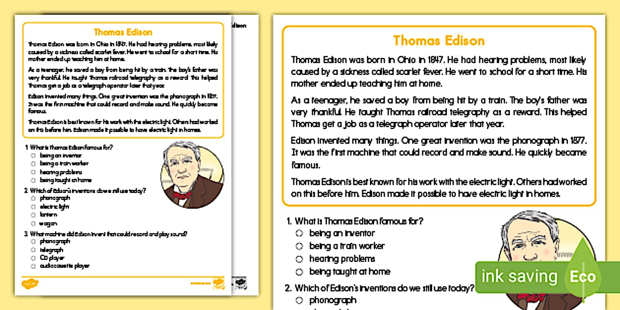 Second Grade Thomas Edison Reading Passage Comprehension Worksheet