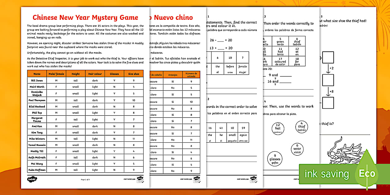 Chinese New Year Mystery Game English/Spanish (teacher made)