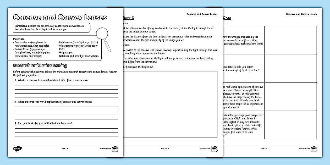 Concave and Convex Lenses Worksheet for 6th-8th Grade