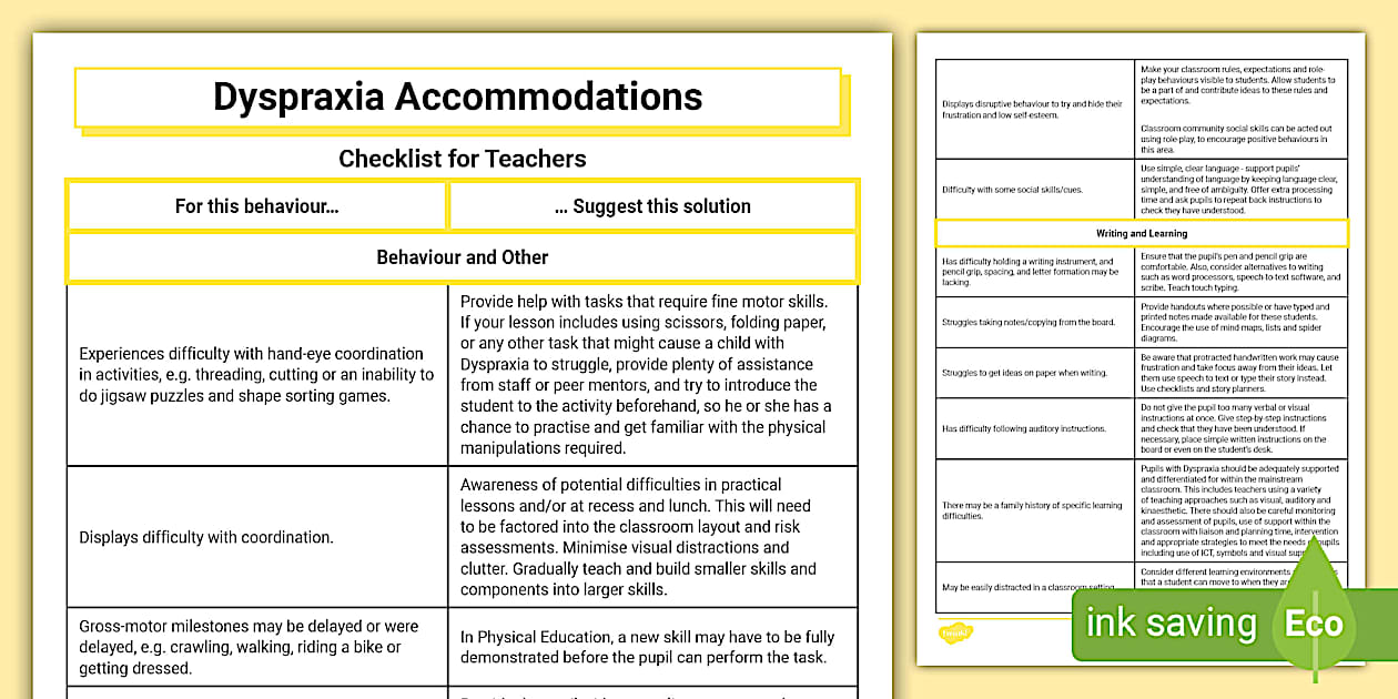 Dyspraxia Accommodations Checklist for Teachers - Twinkl