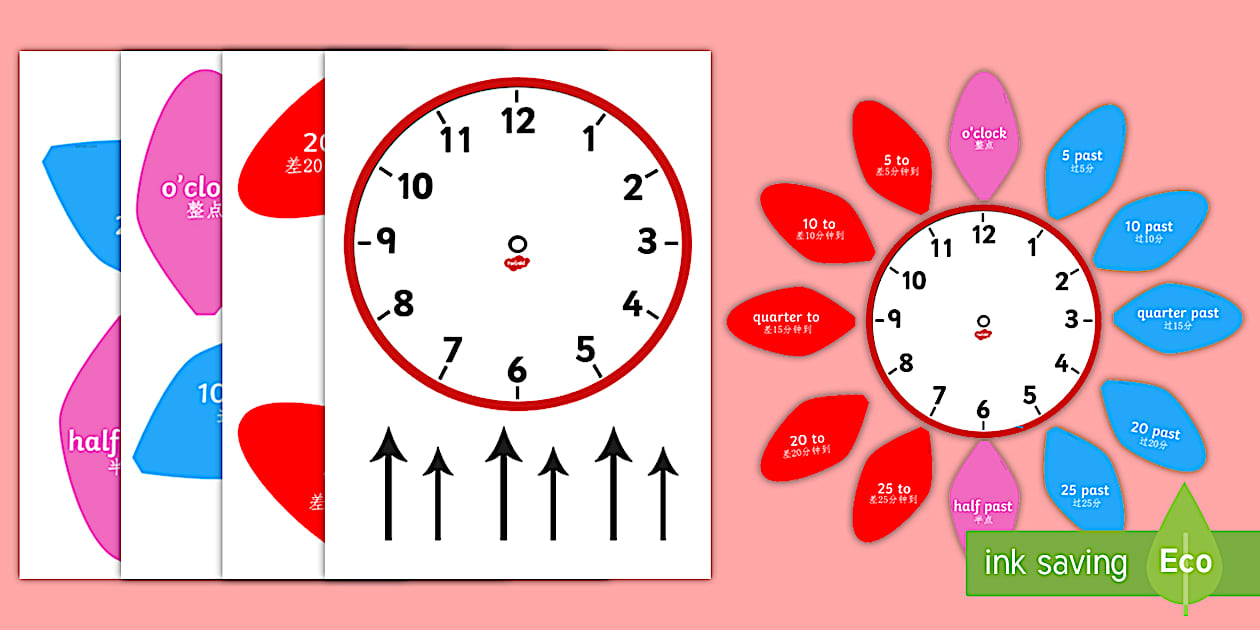 Analogue Clock Flower Labels - English/Mandarin Chinese - Analogue Clock