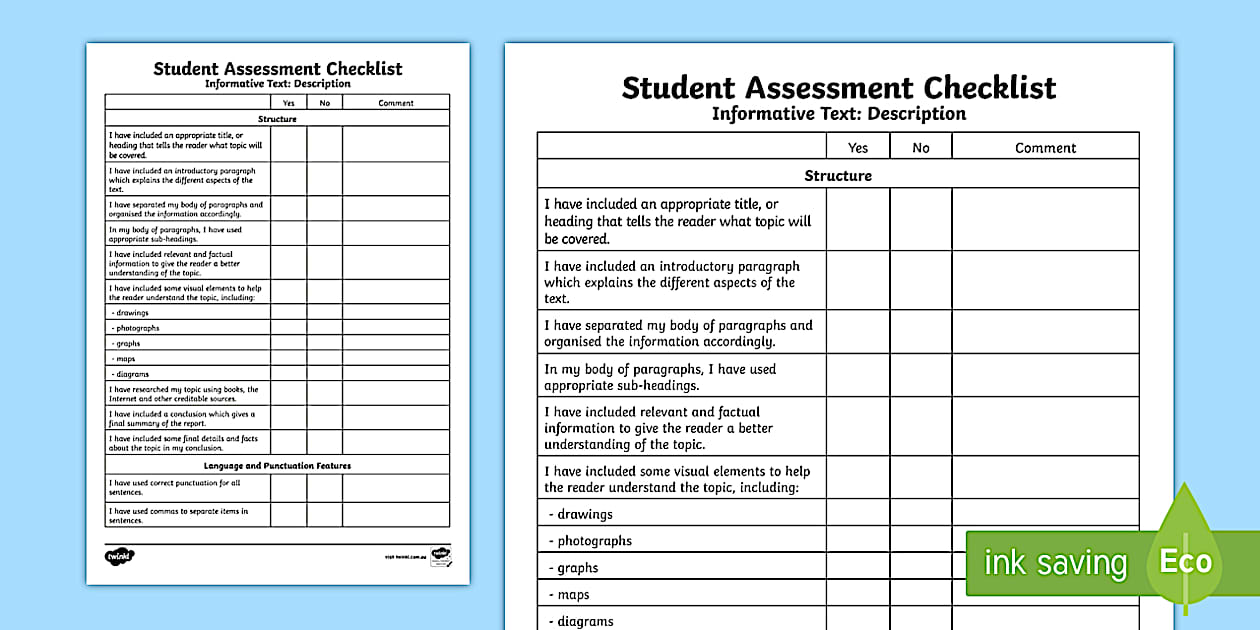 Informative Text: Description Student Assessment Checklist