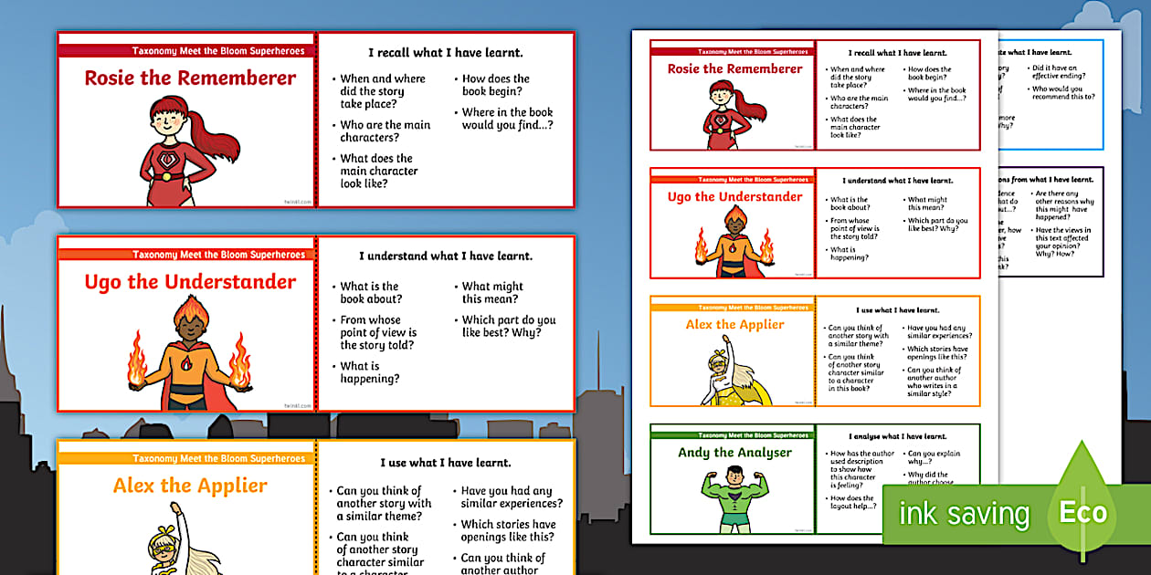KS1 Reading Blooms Taxonomy Meet the Bloom Superheroes Lanyard-Sized Cards