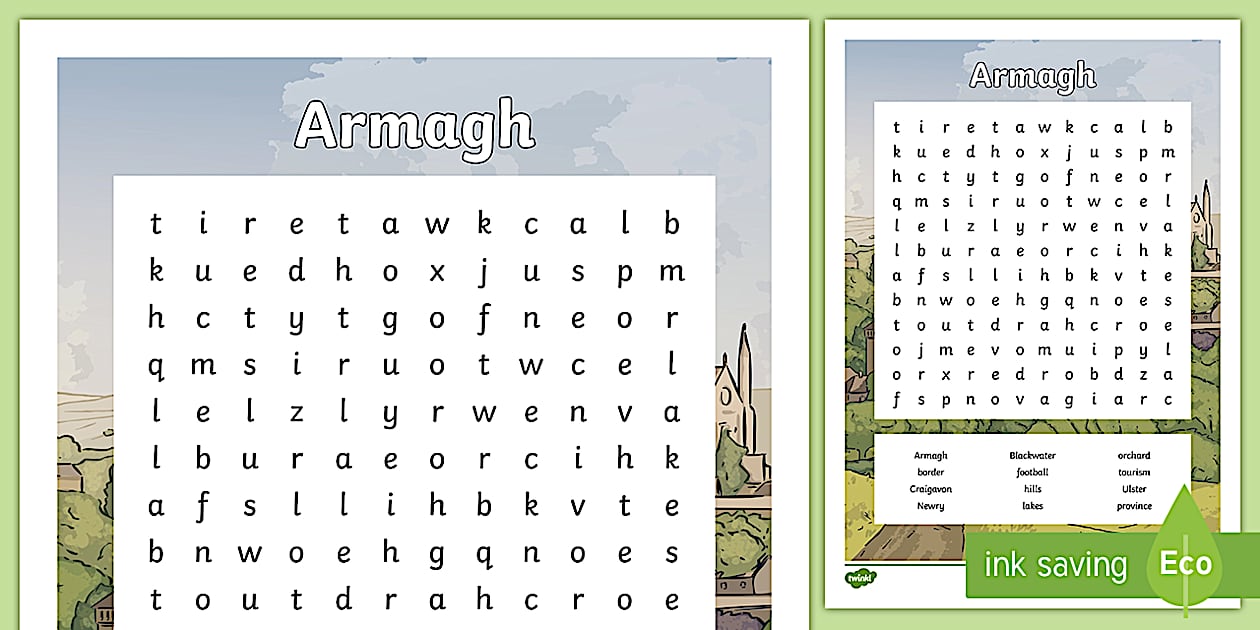 Black and White County Armagh Word Search (teacher made)