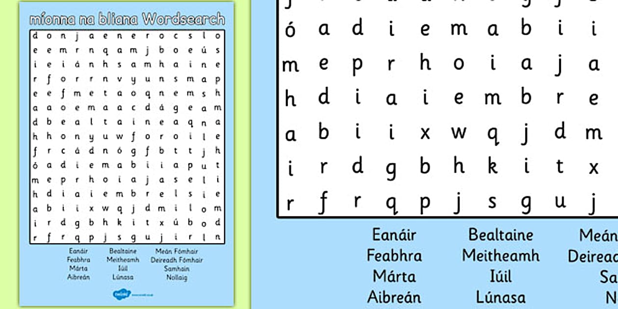 Black and White Months of the Year Word Search Gaeilge