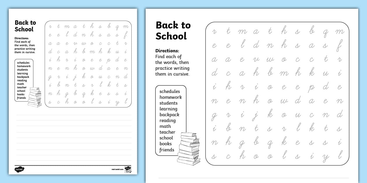 Back to School Cursive Word Search and Write Worksheet