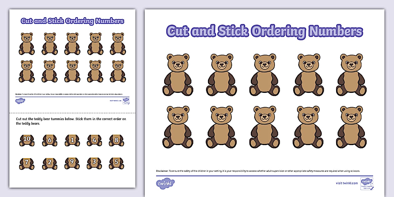 Teddy Bear Cut and Stick Ordering Numbers to 10 Activity