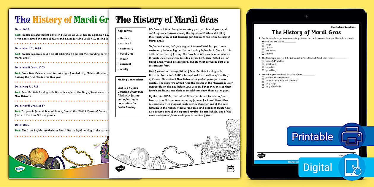History of Mardi Gras Worksheet | Social Studies | 6th Grade